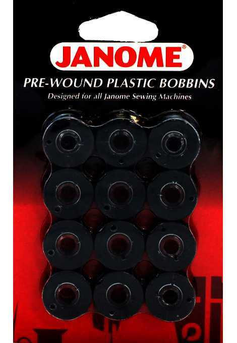 Janome 12 Pack Pre-Wound Plastic Bobbins Black Thread