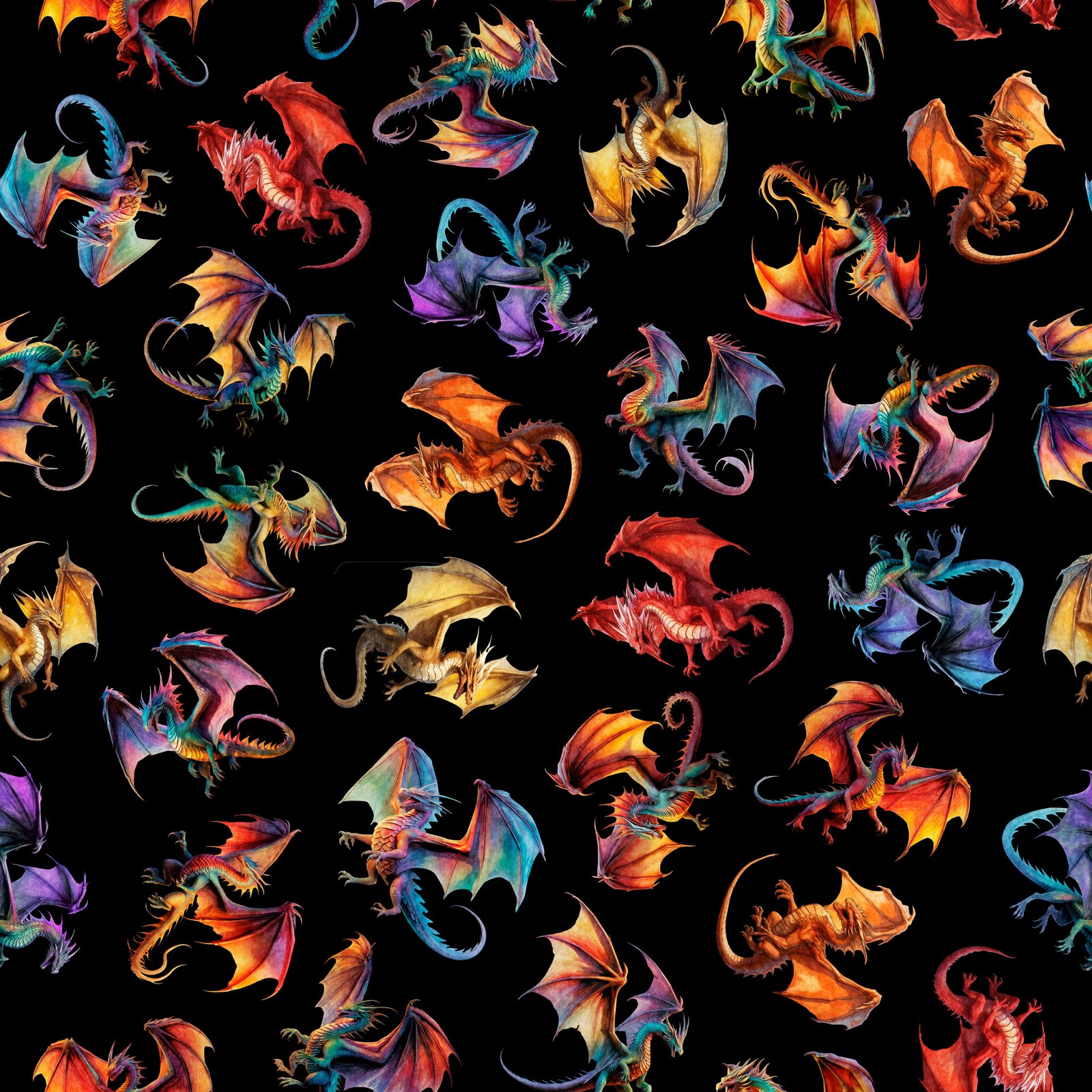 QT Fabrics - Dragon's Song - Tossed Dragons Black #31151-j