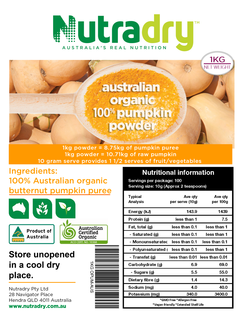 Nutradry Australian Organic 100% Pumpkin Powder - Nutradry Online Store