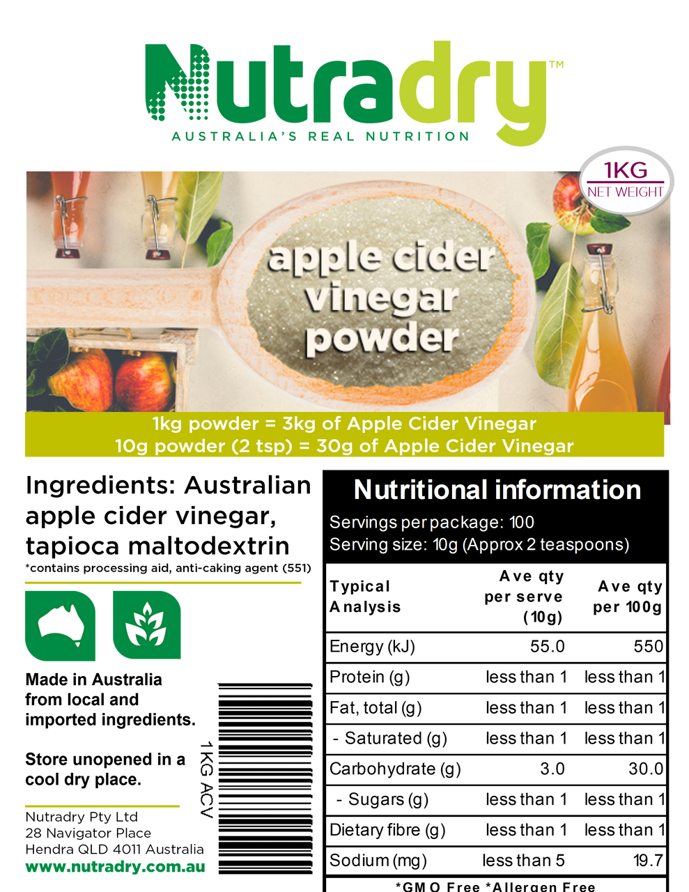 Nutradry Apple Cider Vinegar Powder - Nutradry Online Store