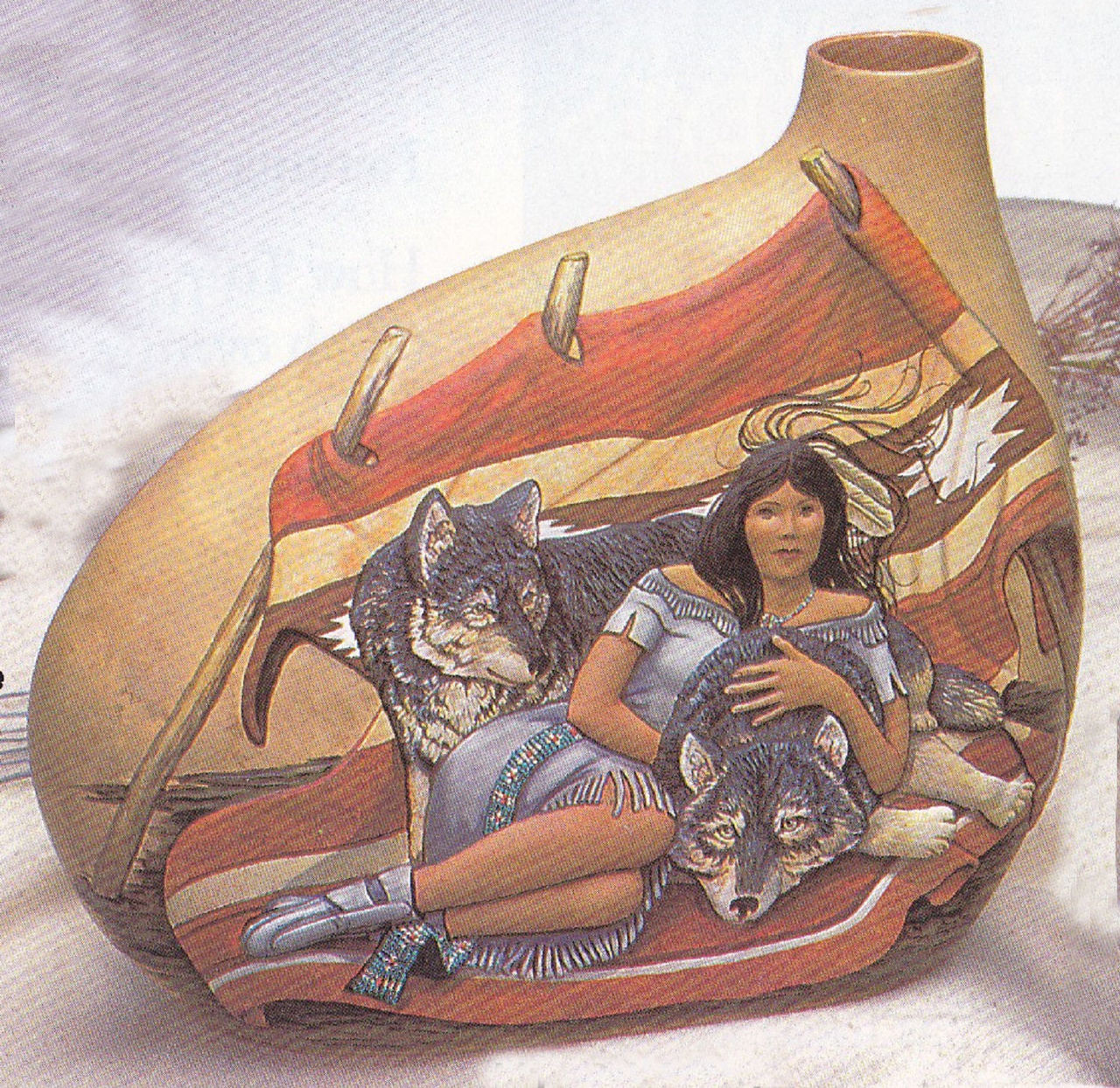 Ceramic Bisque Native American Maiden With Wolves Jug - Fat Cat Ceramics