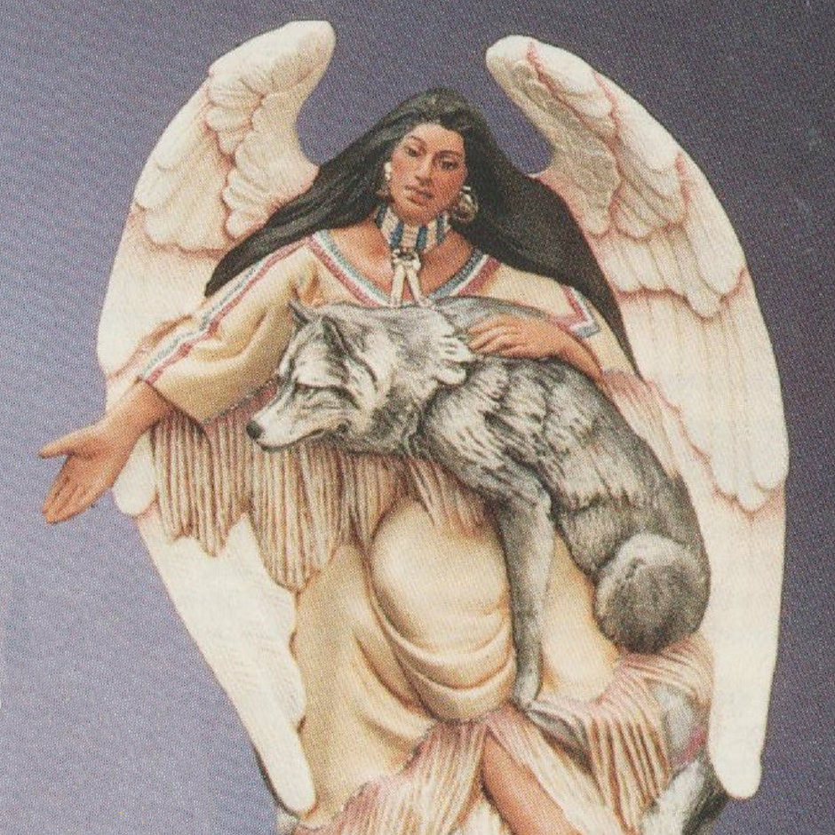 Ceramic Bisque Native American Angel with Wolf - Fat Cat Ceramics