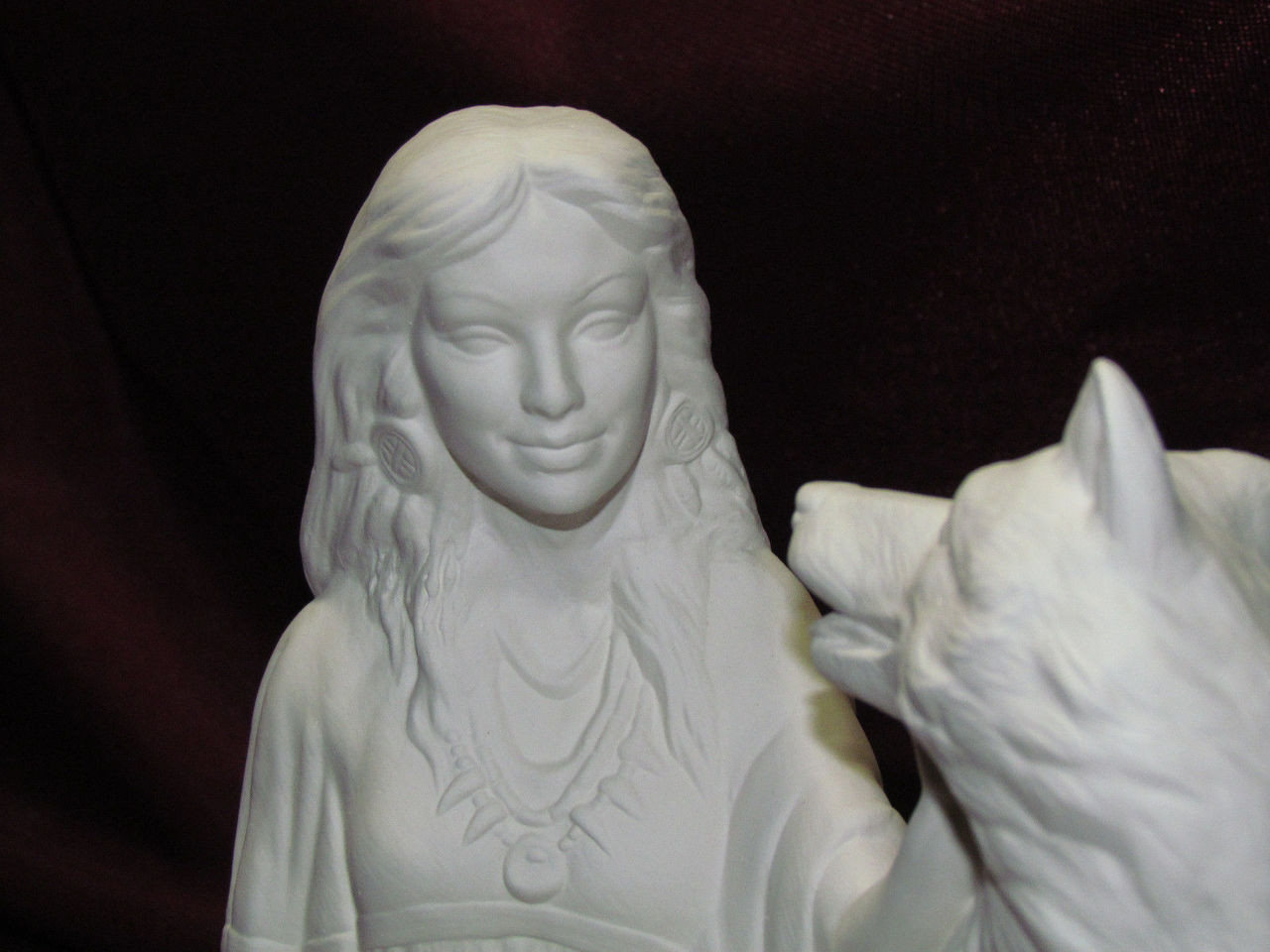 Ceramic Bisque Native American Maiden With Wolf & Pup - Fat Cat Ceramics