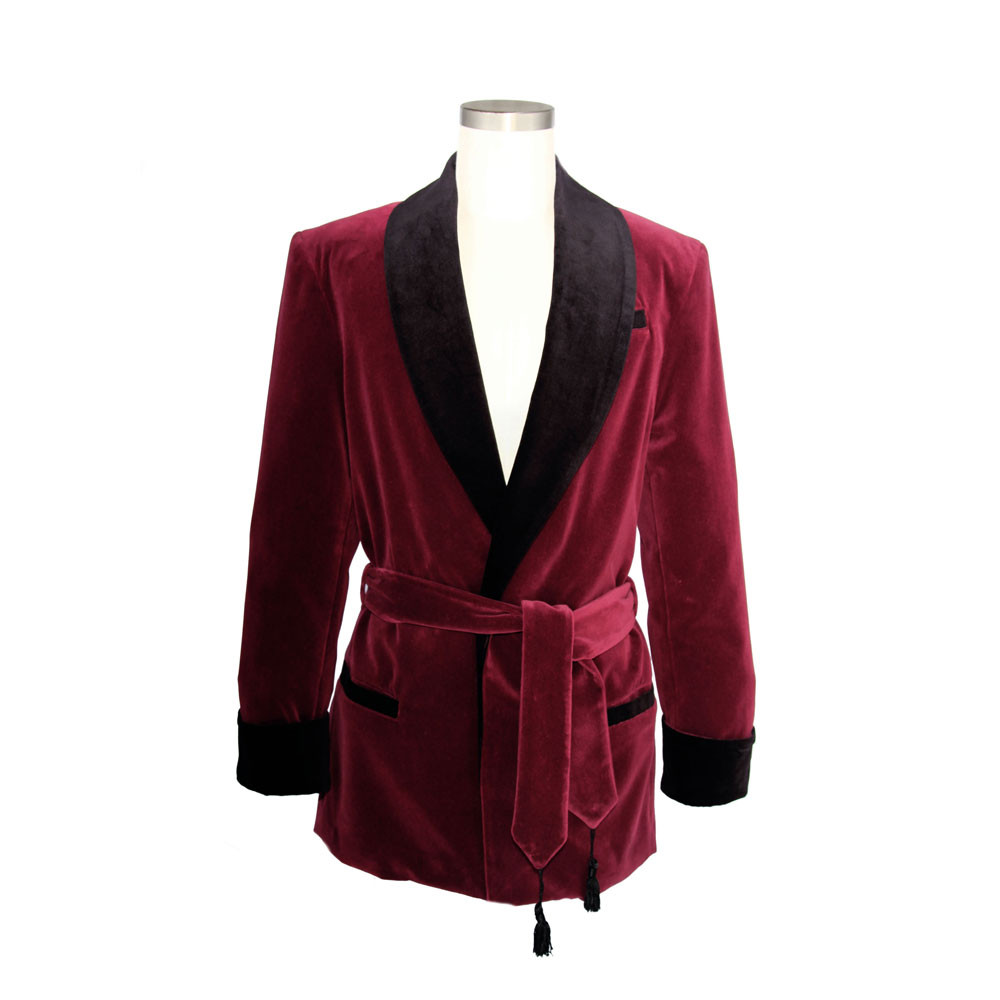 Men's Wine Velvet Smoking Jacket with Black Lining
