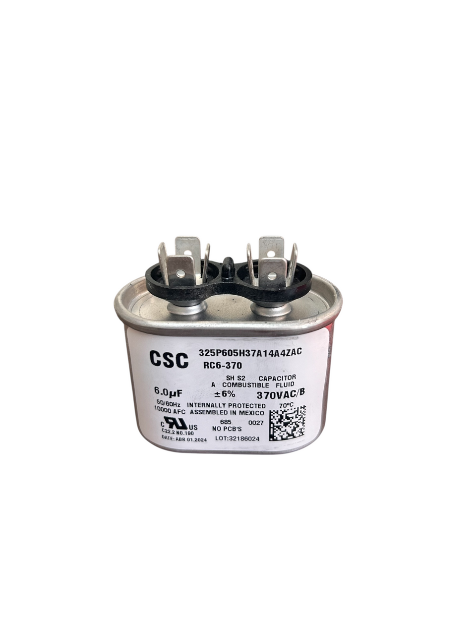 CSC 6.0µF 370VAC Oval Run Capacitor 325P605H37A14A4ZAC (RC6-370 ...