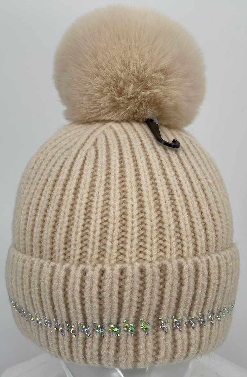 NEW! Knit Cable Rhinestone Beanie with Faux Fur Pom Pom # H1378 - High ...