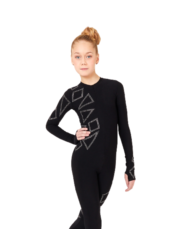IceDress - Thermal Figure Skating Overalls -"Sirius" Black With Rhinestones