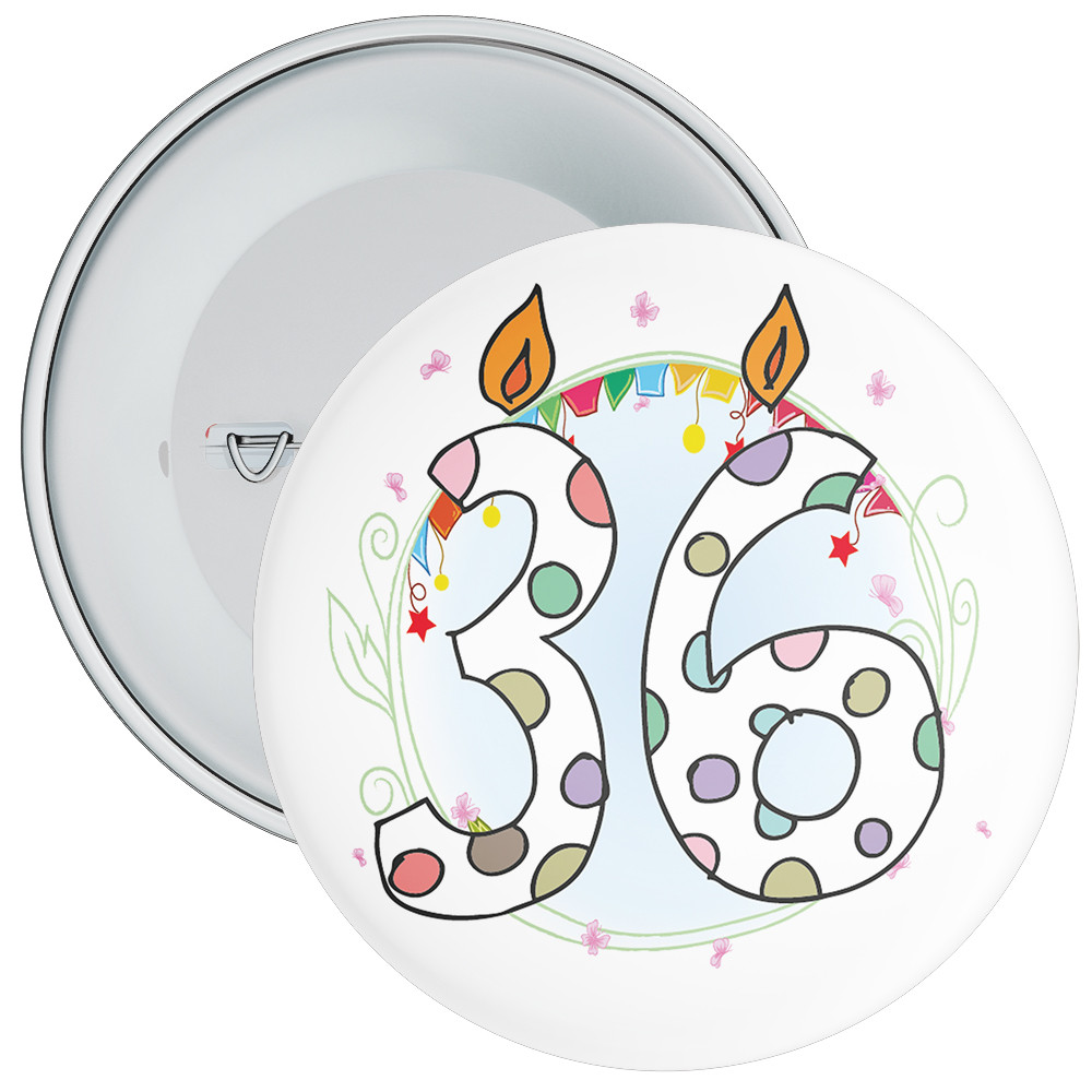 36th Birthday Badge with Candles and Blue Background - The Badge Centre
