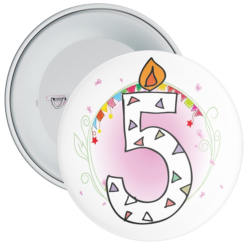 5th Birthday Badge with Candles and Pink Background - The Badge Centre