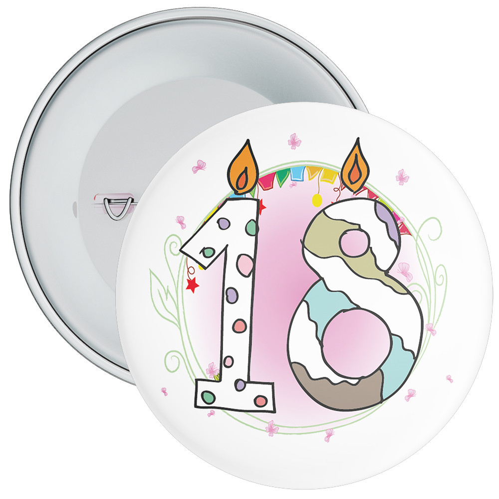 18th Birthday Badge with Candles and Pink Background - Age 18 Badge ...