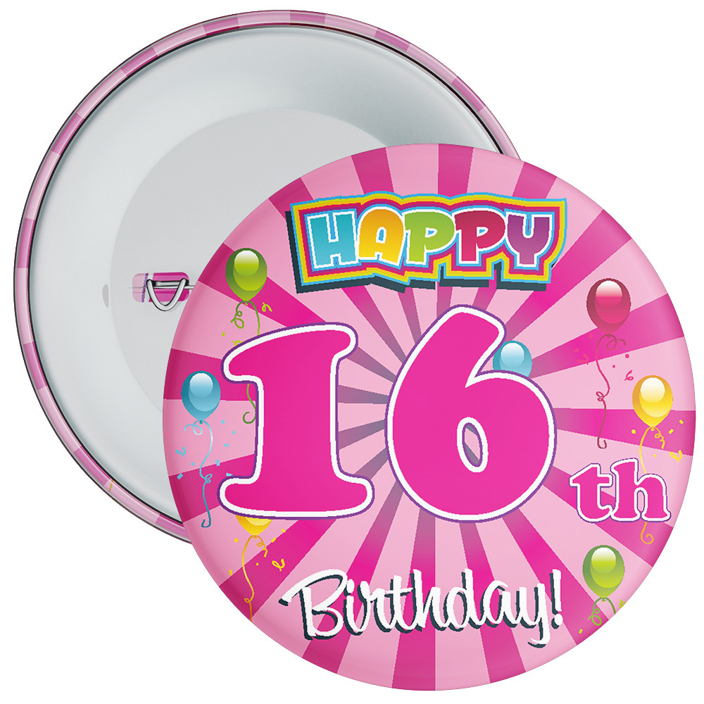 Pink Rays 16th Birthday Badge - Age 16 Badge - The Badge Centre
