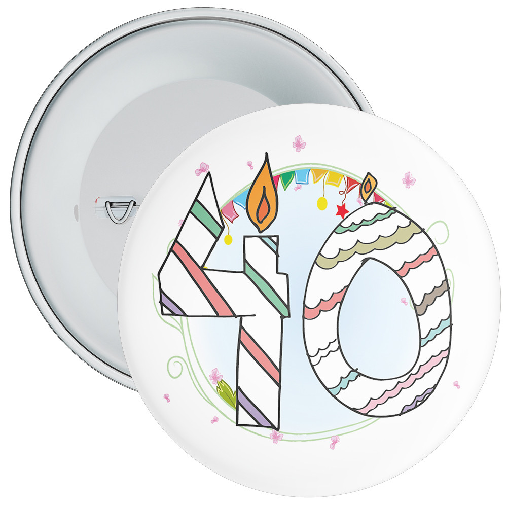 40th Birthday Badge with Candles and Blue Background - The Badge Centre