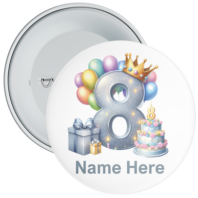Personalised Balloon Themed 8th Birthday Badge - Age 8 Badge - Silver ...