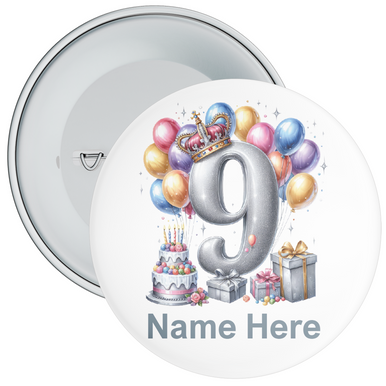 Personalised Balloon Themed 9th Birthday Badge - Age 9 Badge - Silver ...