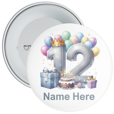 Personalised Balloon Themed 12th Birthday Badge - Age 12 Badge - Silver ...