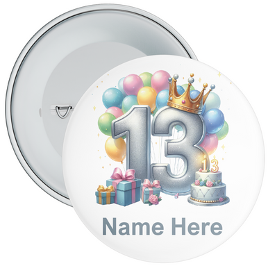 Personalised Balloon Themed 13th Birthday Badge - Age 13 Badge - Silver ...