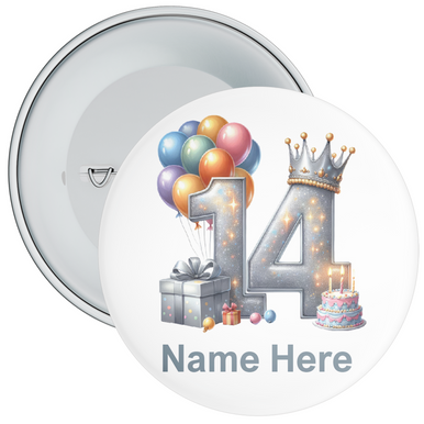 Personalised Balloon Themed 14th Birthday Badge - Age 14 Badge - Silver ...