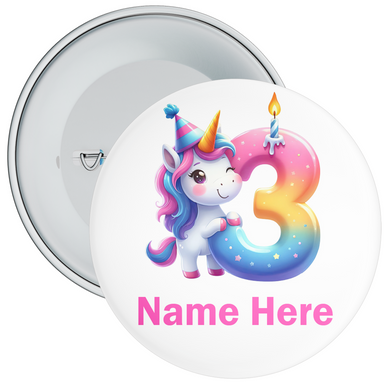 Personalised Colourful 3rd Birthday Badge Child Unicorn Themed - Age 3 ...