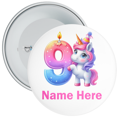 Personalised Colourful 9th Birthday Badge Unicorn Themed - Age 9 Badge ...