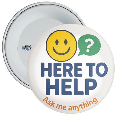 Here To Help Ask Me Anything Badge - Grey - Retail Badge - The Badge ...