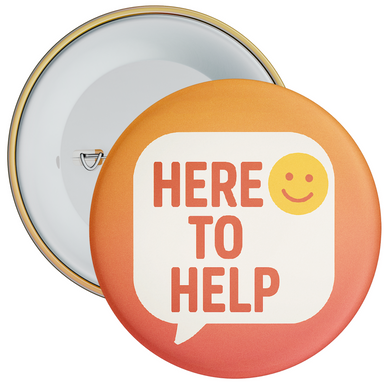 Here To Help Badge - Orange - Retail Badge - The Badge Centre