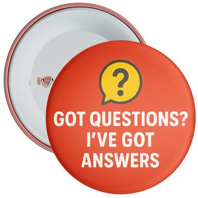 Got Questions? I Got Answers Badge - Red - Help Retail Badge - The ...