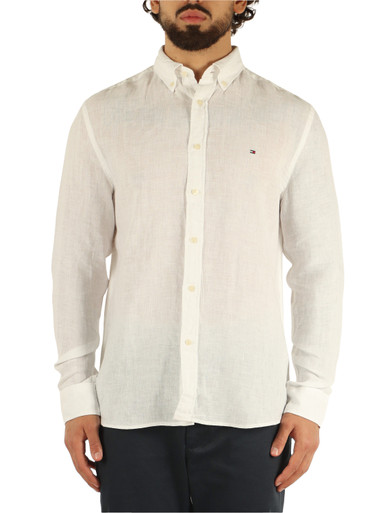 Camicia regular fit in lino con ricamo logo