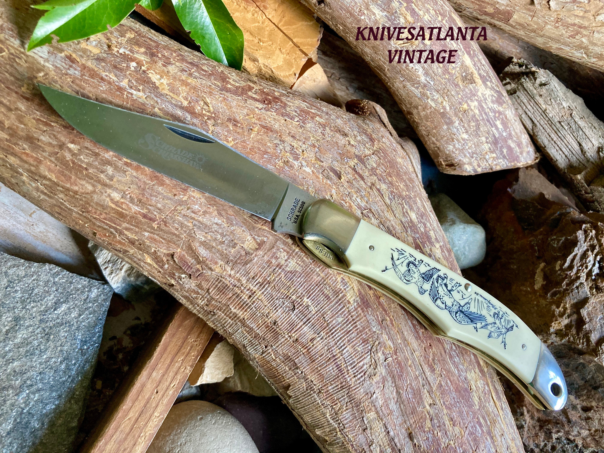SCHRADE MALLARD SCRIMSHAW SC500 FOLDING HUNTER ~ Vintage - KnivesAtlanta
