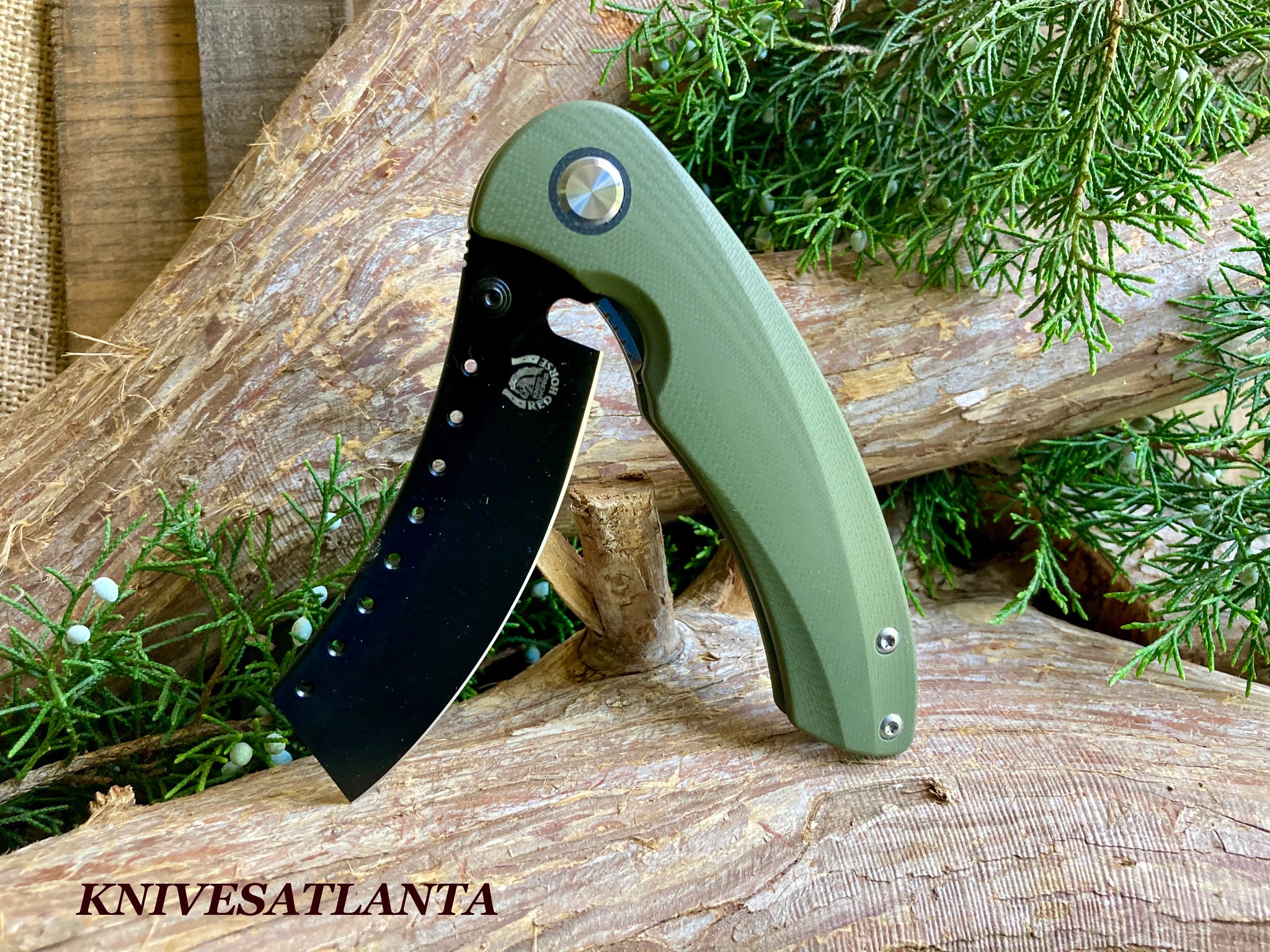 Red Horse Knives Hell Razor P Series OD Green Handle W/ PVD Black Blade