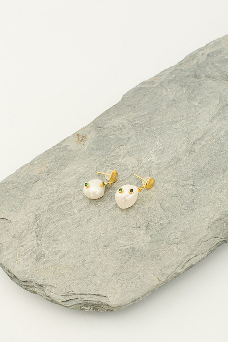 Jacqueline Pearl Drop Emerald Earrings, 14K Gold Plated