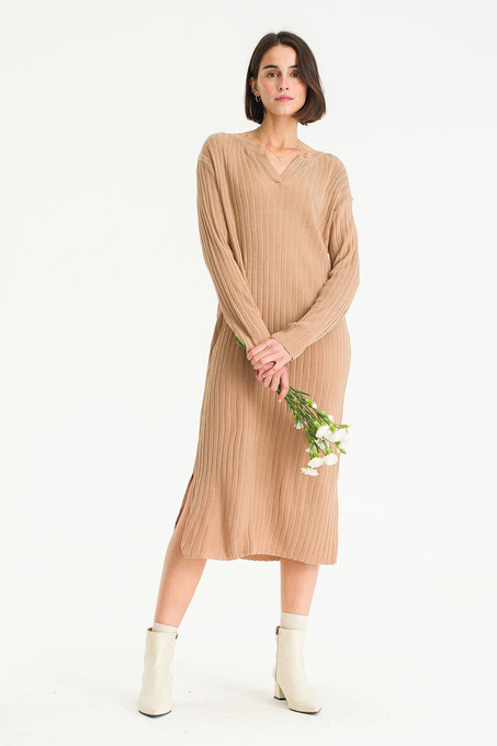 Ribbed Knit Dress, Beige