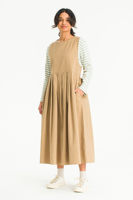 Laura Pleated Apron Dress, Beige