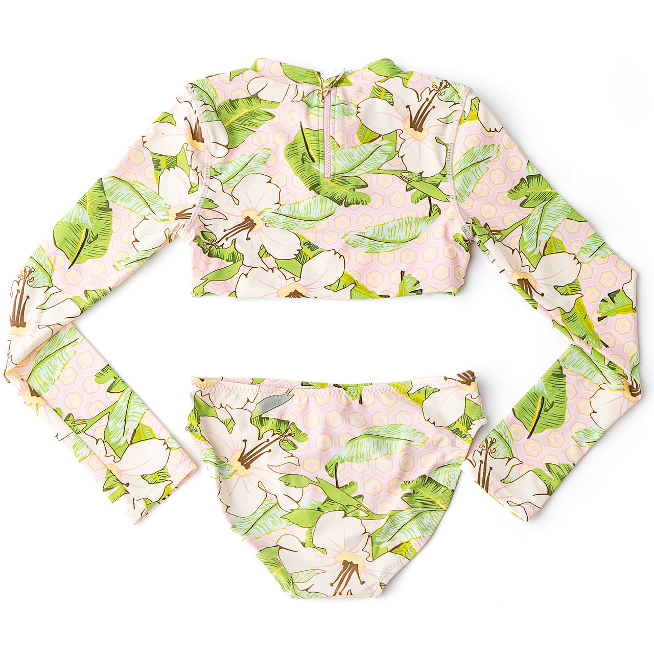 Hibiscus Botanical Pink Girls Cropped Rashguard Swimsuit Set 4t 14