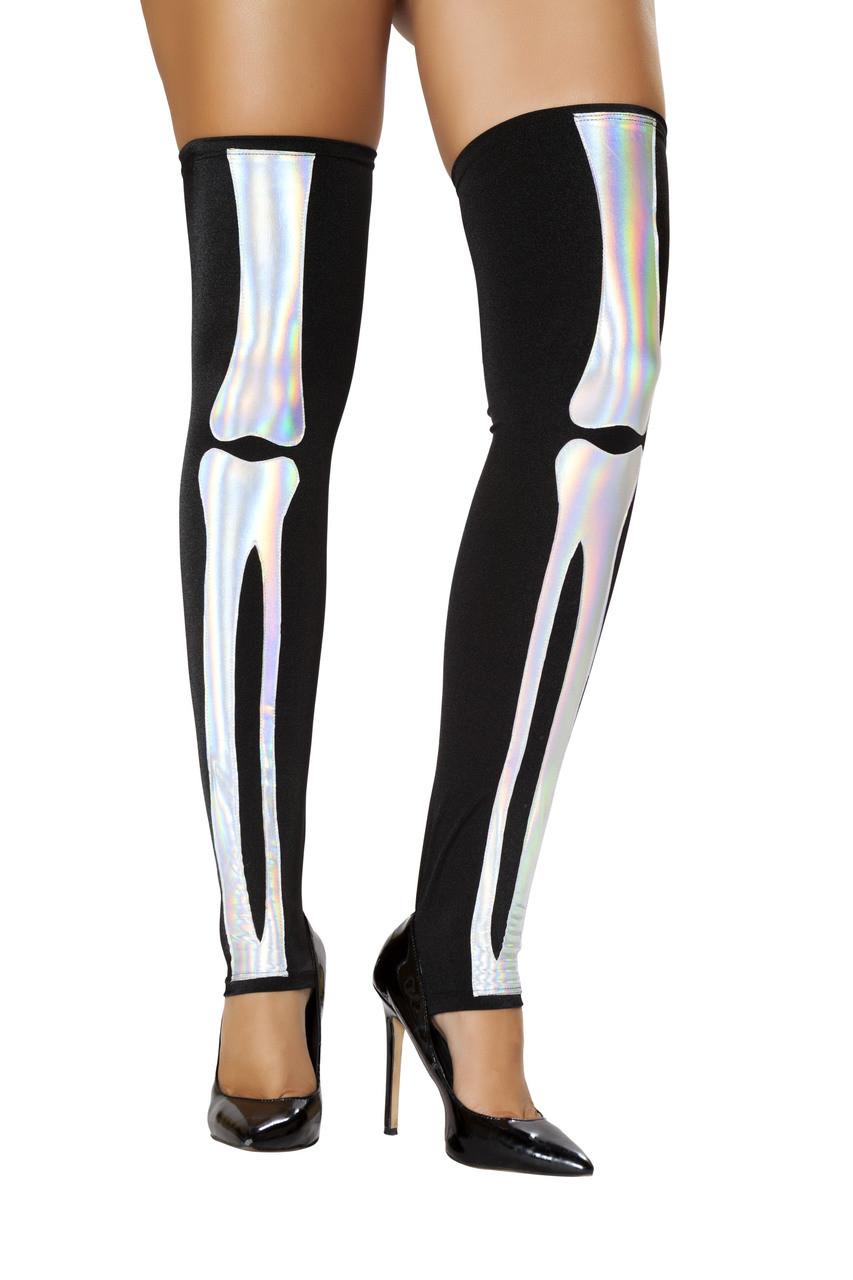 Sexy Roma Black Silver Iridescent Bones Skeleton Thigh Highs Stockings ...