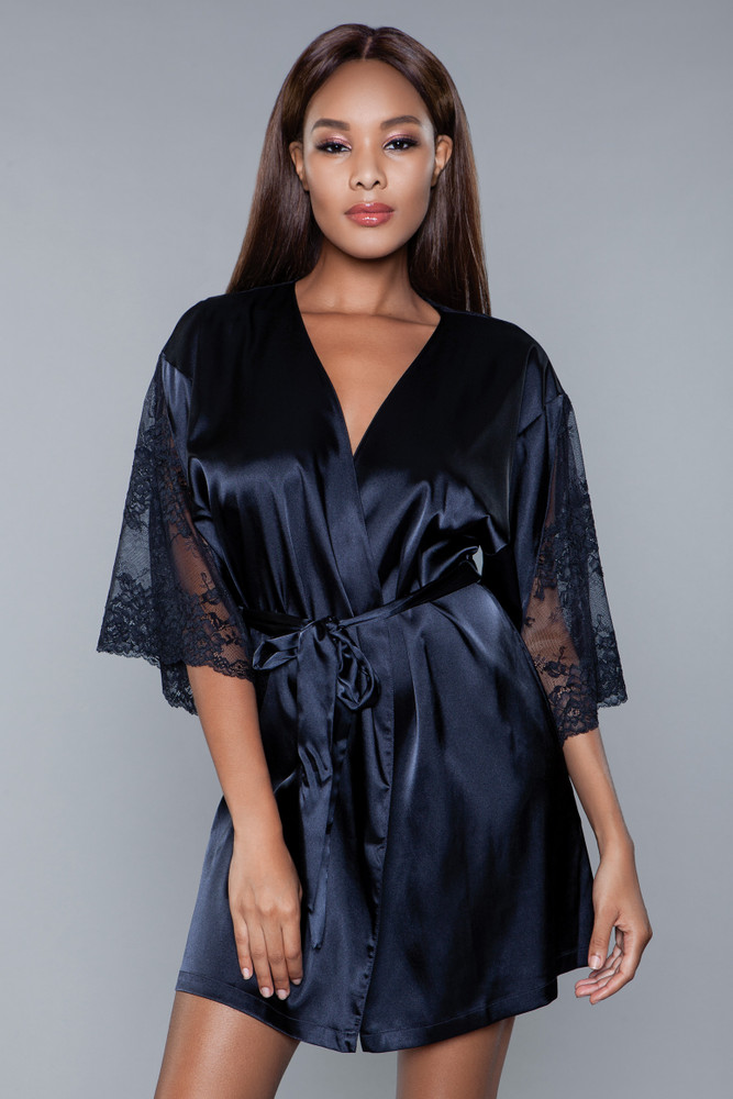 Sexy Be Wicked Black Satin and Lace Short Robe Small, Medium, Large, 1X, 3X