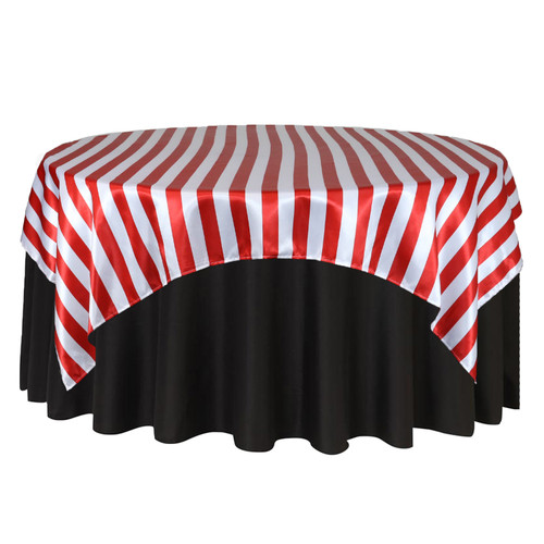 90 Inch Square Satin Table Overlay Red/White Striped