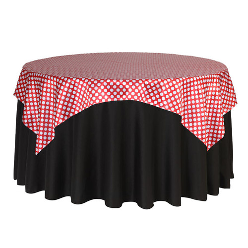 72 Inch Square Satin Table Overlay Red/White Polka Dots