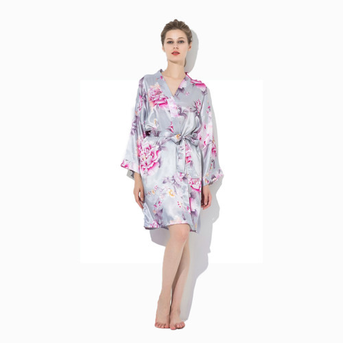 Kimono Silk Bridesmaid Floral Robe Gray
