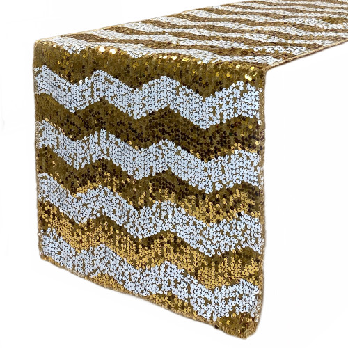 14 x 108 Inch Chevron Sequin Table Runner White and Gold