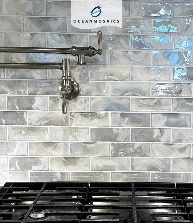 Ocean Mist White Pearlescent Iridescent 2x6 Subway Glass Tile