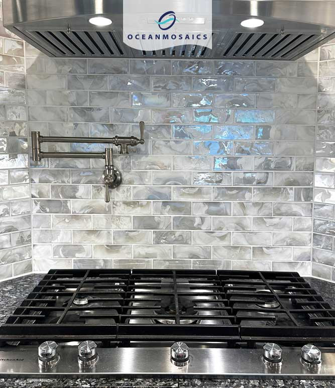 Ocean Mist White Pearlescent Iridescent 2x6 Subway Glass Tile