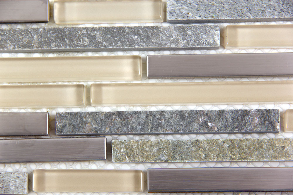 Gulf Beige Interlocking Linear Stone Metal Glass Mosaic Tile