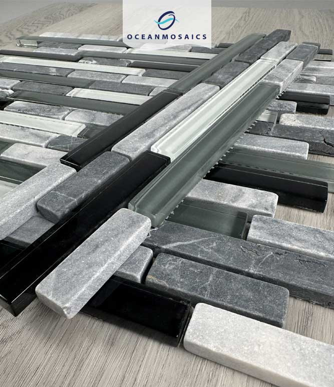 Java Black Mix Interlocking Linear Glass Mosaic Tile