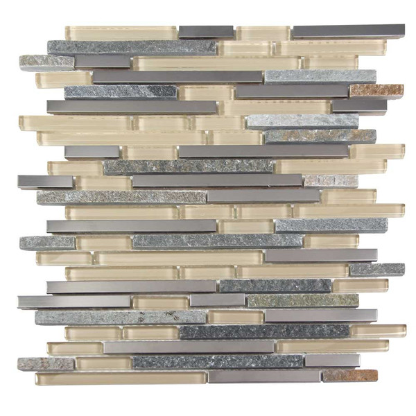 Gulf Beige Interlocking Linear Stone Metal Glass Mosaic Tile