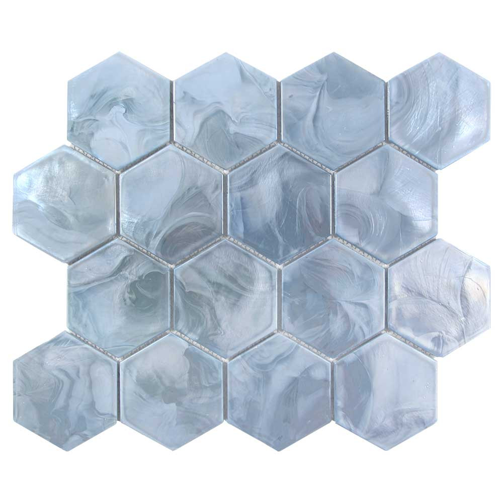 Ocean Mist Blue Pearlescent Iridescent Hexagon Glass Tile