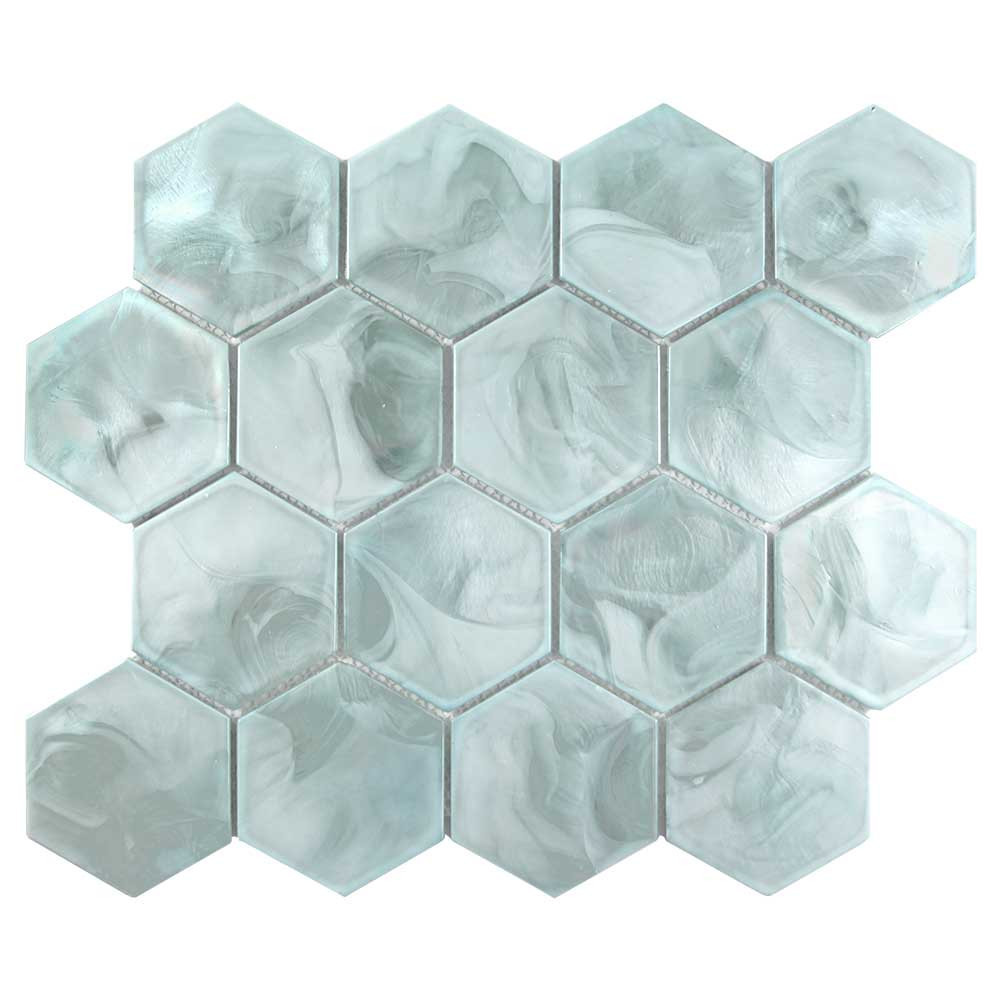 Ocean Mist Blue Pearlescent Iridescent Hexagon Glass Tile