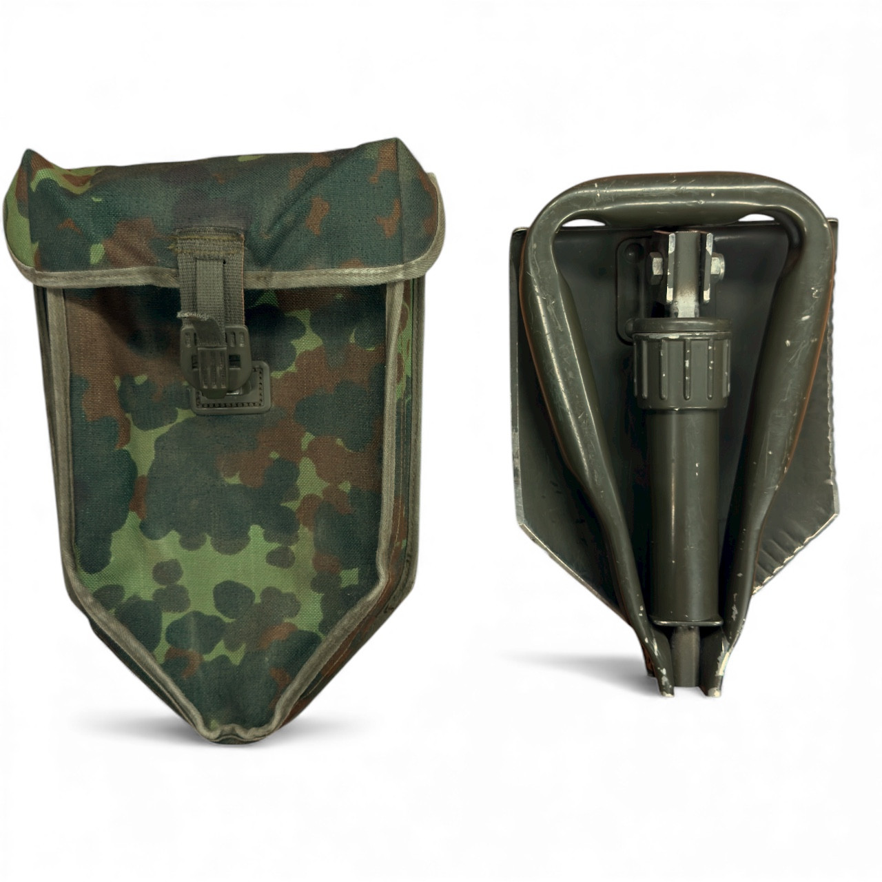 German Military Trifold Shovel with Flecktarn Camo Cover