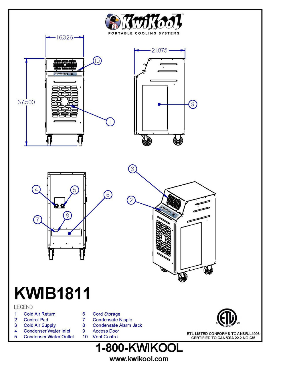 KwiKool 1.5 Ton Water-Cooled Portable Air Conditioner, 115V, KWIB1811-2 ...