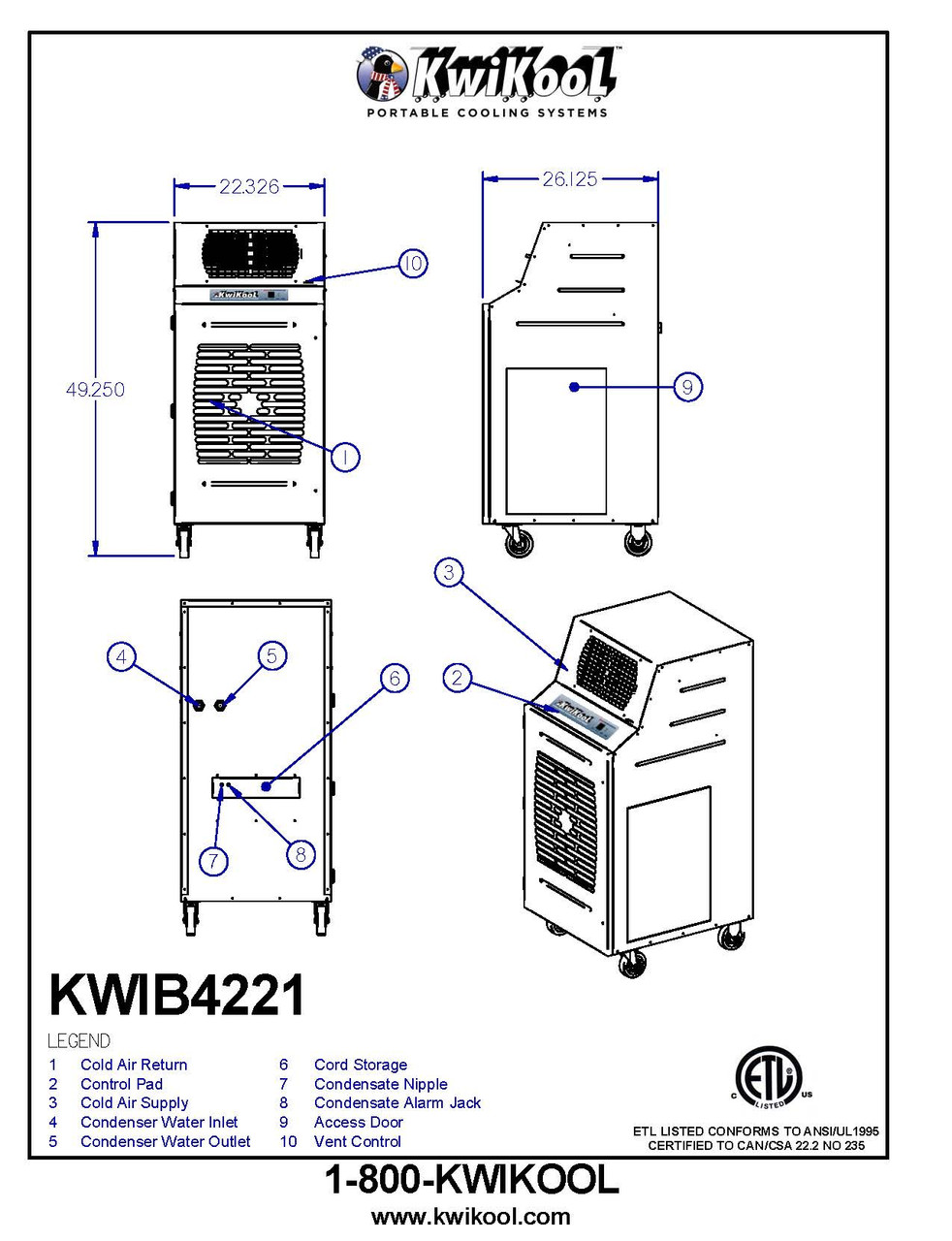 KwiKool 3.5 Ton Water-Cooled Portable Air Conditioner, 230V, KWIB4221-2 ...