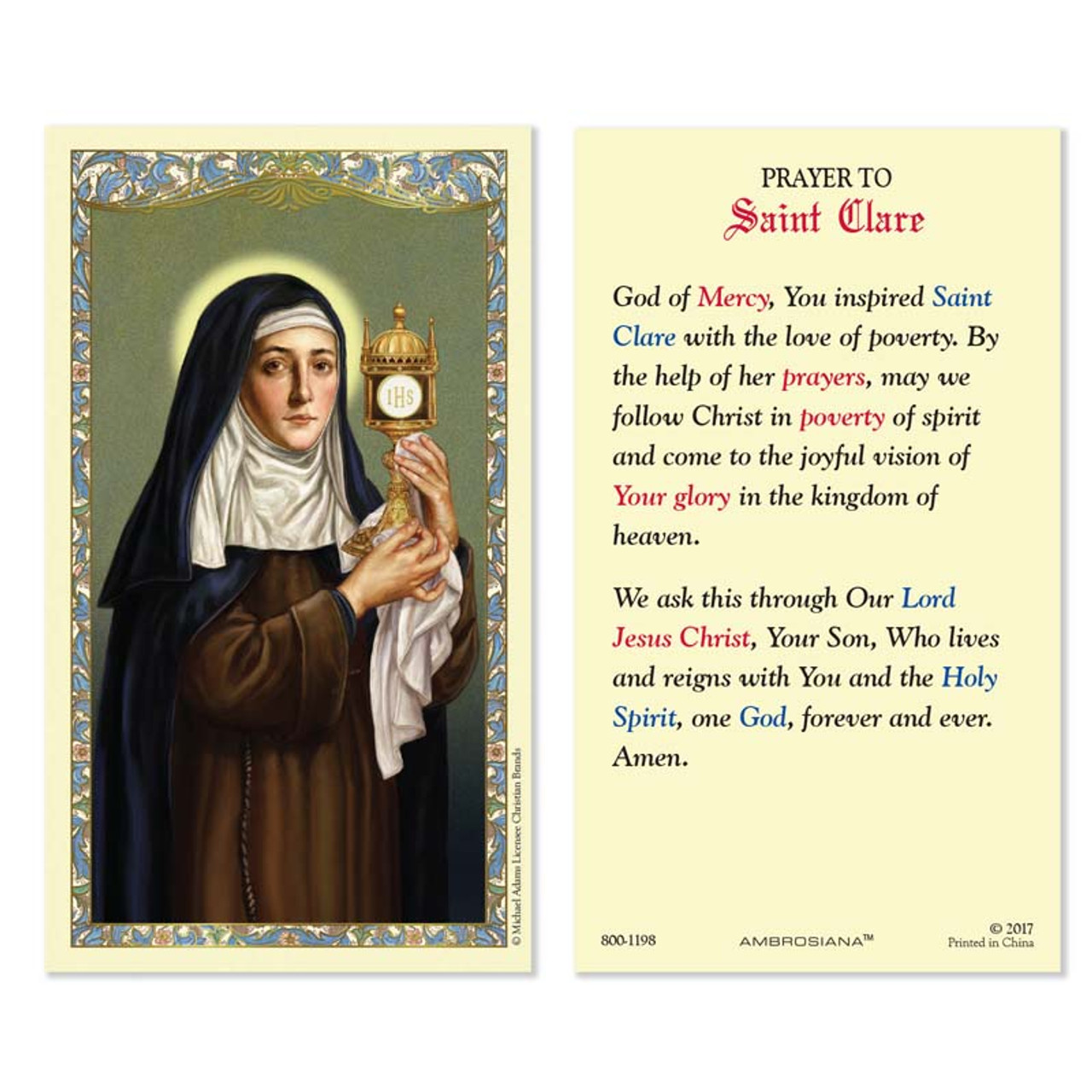Saint Clare Of Assisi Laminated Holy Card 25pk Wholesale